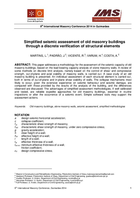 Pdf Simplified Seismic Assessment Of Old Masonry Buildings Through A