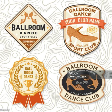 볼룸 댄스 스포츠 클럽 배지 로고 패치 셔츠 또는 로고 인쇄 스탬프 또는 티에 대한 개념입니다 트로피 컵이 있는 댄스 스포츠 스티커 볼룸 댄스 실루엣을 위한 신발 벡터