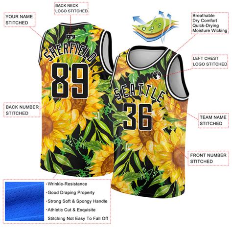 Custom 3d Pattern Basketball Jersey Black Gold White Design Sunflowers
