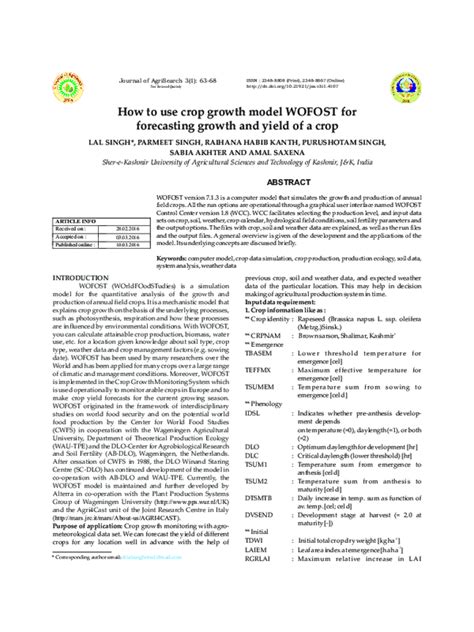 Pdf How To Use Crop Growth Model Wofost For Forecasting Growth And Yield Of A Crop