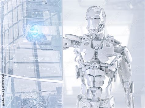 robot cyborg android touching sensitive hud sci fi display with futuristic user interface