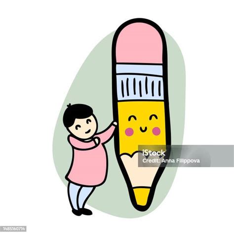 거대한 연필로 평평한 학생 연필 그리기 쓰기 만들기 디자인 블로깅 개념 손으로 그린 벡터 그림입니다 개념에 대한 스톡 벡터 아트