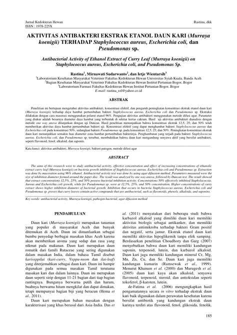 Pdf Aktivitas Antibakteri Ekstrak Etanol Daun Kari Murraya Koenigii