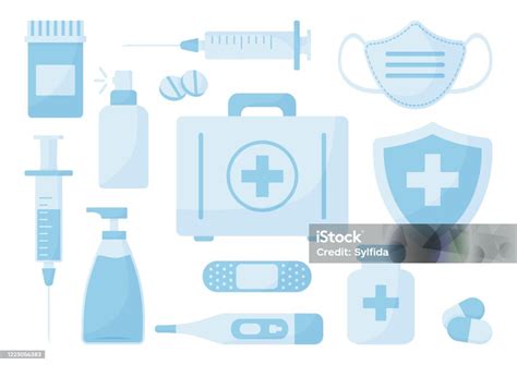 의학 세트 소독제 의료 용 마스크 항균 스프레이 비누 주사기 응급 처치 키트 알약 붕대 온도계 의료 보험 표지판 벡터 주사기에 대한 스톡 벡터 아트 및 기타 이미지 Istock