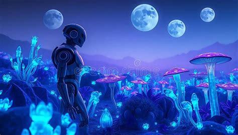 Robot Exploring Glowing Alien Mushroom Field Stock Illustration Illustration Of Future Field