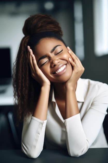 Premium Ai Image Shot Of A Young Woman Smiling And Holding Her Head