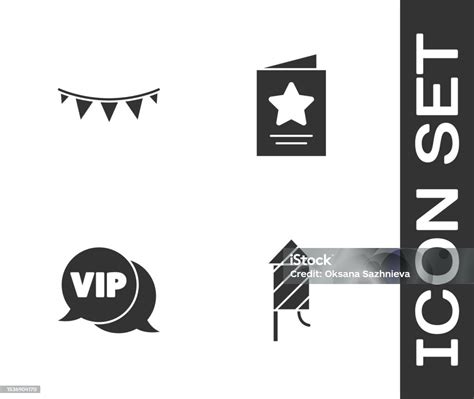 불꽃놀이 로켓 깃발이 있는 카니발 화환 말풍선의 Vip 및 인사말 카드 아이콘을 설정합니다 벡터 Brand Name Online