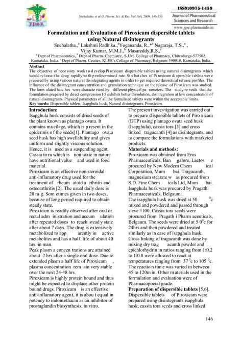 Pdf Formulation And Evaluation Of Piroxicam Dispersible Tablets Using Natural Disintegrants