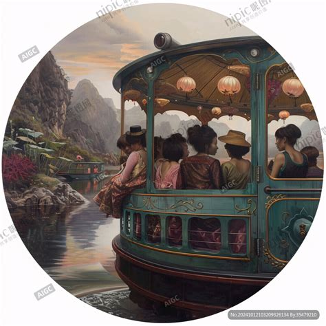 Ai创作图国潮游船 古代出游场景 国潮小船 古代出行场景 古代人物代活场景 宫廷人物生活场景 高清cg油画 荡湖船场景 古代交通工具水路漕运 古代生活场景古代人物 现代中式油画油画装饰 民国
