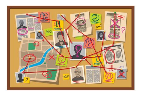 Crime Board With Pins Evidence Detective Map Stock Vector