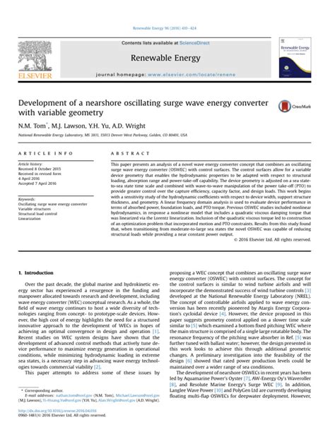 Development Of A Nearshore Oscillating Surge Wave Energy Converter With