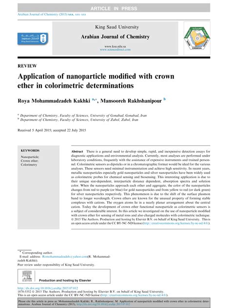 Pdf Application Of Nanoparticle Modified With Crown Ether In Colorimetric Determinations