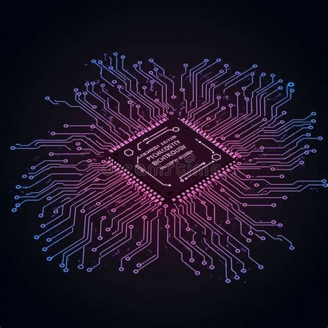 A Central Microchip Is Depicted With Numerous Circuitry Paths Extending Outward Stock