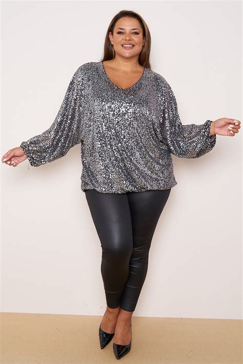 Plus Size Silver Sequin Long Sleeve Top Praslin Clothing