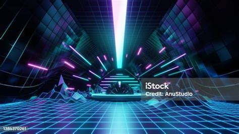 3d 추상 네온 배경 다각형 구조와 기하학적 배경 사이버 공간 가상 현실 연단 쇼 제품 제품을위한 장소 색깔네온 조명 복고풍 공상 과학 스타일 0명에 대한 스톡 사진 및