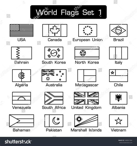 World Flags Set 1 Simple Style And Flat Design Thick Outline