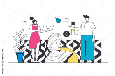 Designer Agency Outline Web Concept In Modern Flat Line Design Creative Team Brainstorming And