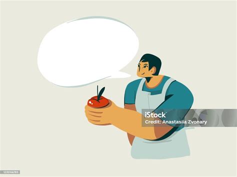 손으로 그린 벡터 스톡 추상 그래픽 일러스트 와 남자 세일즈맨 캐릭터 디자인 Salles 신선한 유기 홈 사과 흰색 배경에 고립
