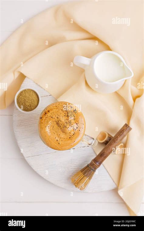 Composition Tasty Dalgona Hojicha Latte On Light Wooden Background
