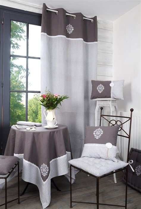 Brise bise gris blanc décor romantique brodé et dentelle x cm coton MELINE Rideaux