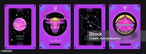 점성술 황소자리 조디악 표지판 특성과 형광 만화 마법 마법 카드 세트 벡터 일러스트 레이 션 고풍스런에 대한 스톡 벡터 아트 및 기타 이미지 Istock