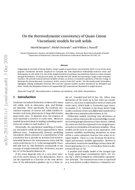 Pdf On The Thermodynamic Consistency Of Quasi Linear Viscoelastic Models For Soft Solids