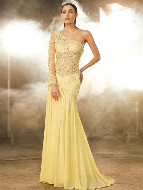 New Arrival One Shoulder Lace Long Sleeves Evening Dress Chiffon