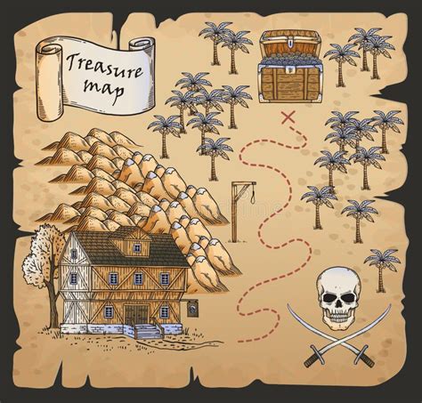 Treasure Map Of Pirates Island With Burned Edges Hand Drawn Vector Illustration Stock Vector