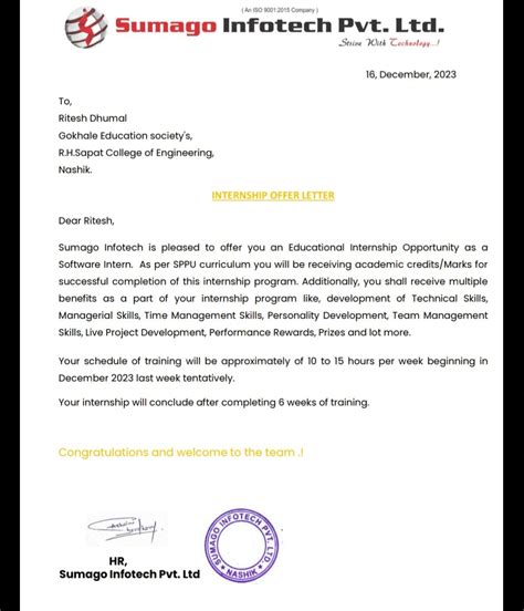 Ritesh Dhumal On Linkedin ☄️ Excited To Accept The Internship Offer Letter From Sumago Infotech