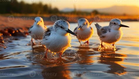 AI Generated Seagull Standing On Coastline Watching Sunset Over Water