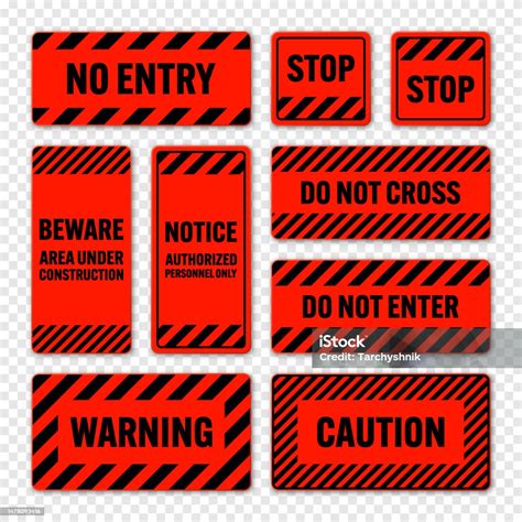 대각선이있는 다양한 검은 색과 빨간색 경고 표지판 주의 위험 또는주의 표지판 건설 현장 표지판 현실적인 통지 간판 경고 배너