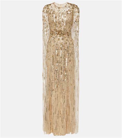 Ruby Caped Sequined Gown In Gold Jenny Packham Mytheresa