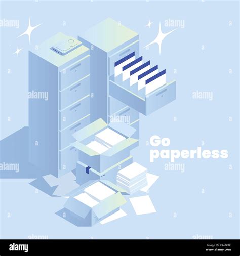 go paperless isometric concept with stacks of papers and documents in