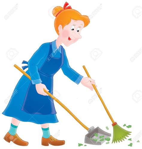 La señora limpia su jàrdin de las hojas usando la escoba y la pala