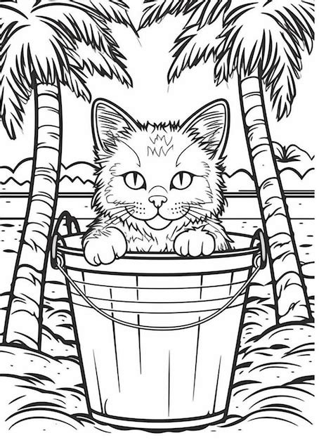 Premium AI Image A Black And White Drawing Of A Cat In A Bucket Generative Ai