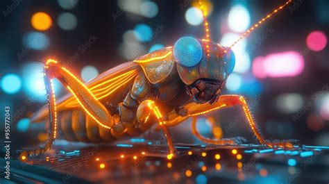 Cyberpunk Grasshopper Bioluminescent Exoskeleton Neon Circuit Patterns