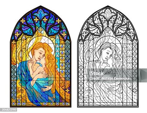 성모 마리아와 아이의 그림 고딕 스테인드 글라스 창문 색칠하기 책을 위한 다채롭고 흑백 그림 서유럽의 중세 건축 양식 벡터