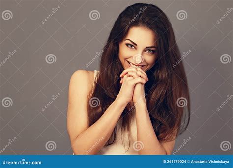 Happy Laughing Fun Beautiful Woman Covering The Mouth The Hands With