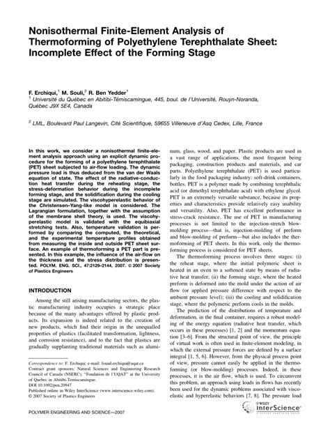Pdf Non Isothermal Finite Element Analysis Of Thermoforming Of Polyethyleneterephthalate Sheet