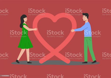 행복한 발렌타인 데이를 기리기 위해 여자 친구에게 큰 마음을 선물하는 사랑하는 남자 친구 여자에게 프로포즈를 하는 남자 인간 관계 행복 깜짝 사랑 만화 플랫 스타일 벡터