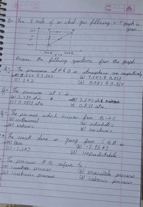 For F Mole Of An Ideal Gas Following V T Graph Is Answer The Following Qu