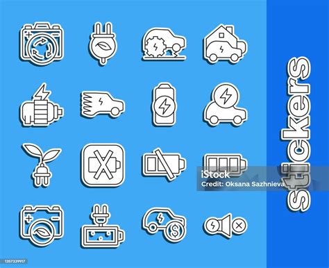 재활용 기호와 아이콘 라인 전기 모터 배터리 충전 자동차 서비스 설정합니다 벡터 가득 찬에 대한 스톡 벡터 아트 및 기타 이미지