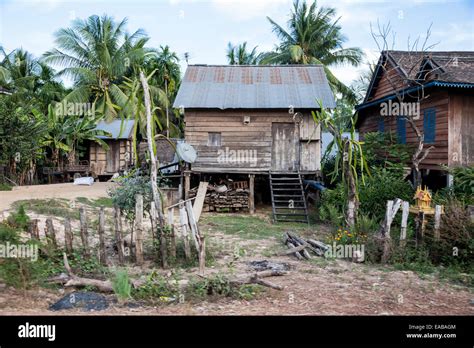 Cambodia Poor Rural House With Living Quarters Above The Ground Level