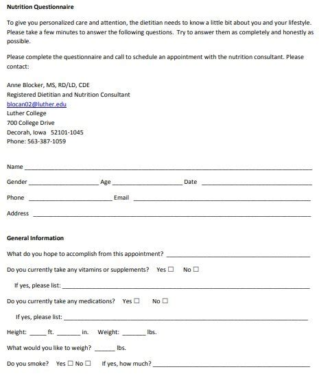 Printable Nutrition Questionnaire Templates Word Pdf Excel Tmp