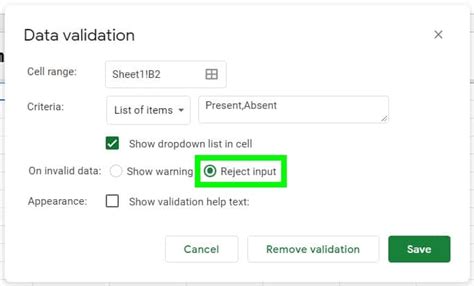 Reject Input Setting In The Data Validation Menu In Google Sheets For