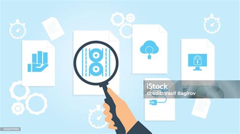 데이터베이스 서버 시계 모니터 파일 문서 연구 벡터 그림 검색 아이콘으로 문서작성합니다 파일 및 돋보기 분석 연구 기호입니다 벡터 일러스트레이션 개념에 대한 스톡 벡터 아트