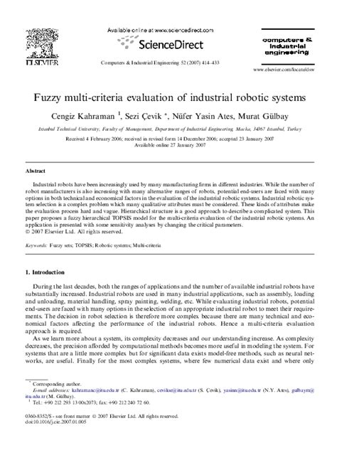 Pdf Fuzzy Multi Criteria Evaluation Of Industrial Robotic Systems