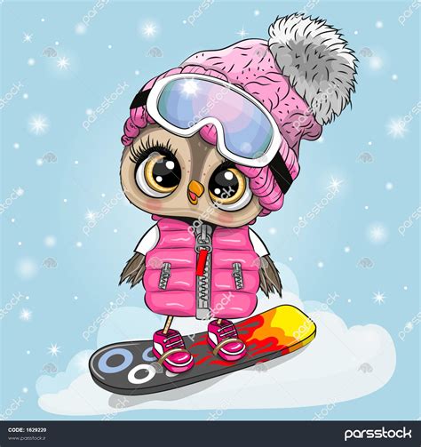 جغد کارتونی زیبا روی اسنوبرد روی پس‌زمینه آبی 1629220