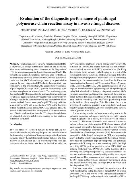 Pdf Evaluation Of The Diagnostic Performance Of Panfungal Polymerase Chain Reaction Assay In
