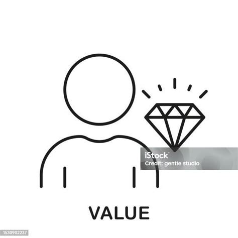 직원 Value Line 아이콘입니다 비즈니스 원칙 서명 사람은 직장의 핵심 가치 선형 픽토그램입니다 다이아몬드를 가진 남자